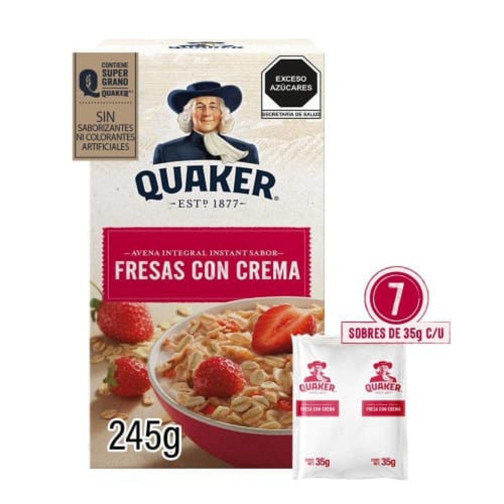 Avena Integral Quaker Sabor Fresas Con Crema, Caja Con 7 Sobres De 35 ...